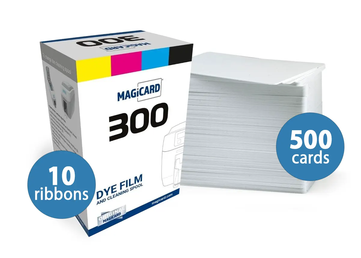 Magicard 300 YMCKO Color Ribbon (Qty. 10) & White PVC Cards (Qty. 500)