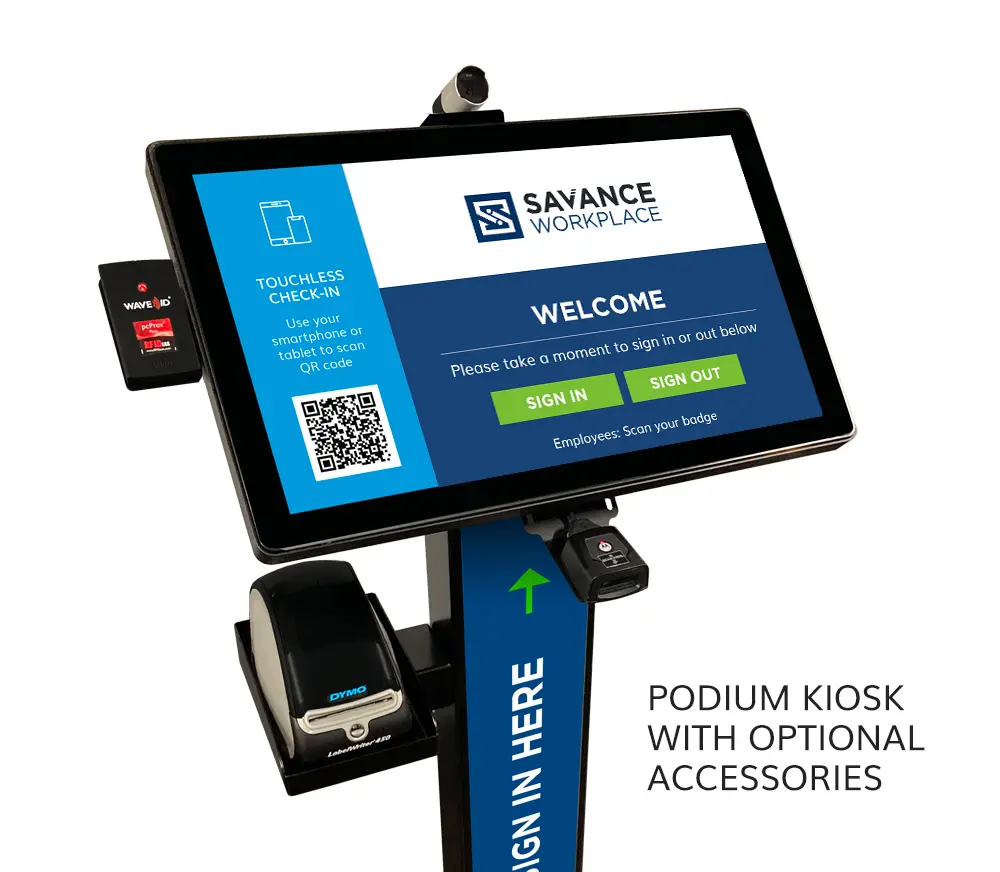 Savance Workplace Visitor Management free-standing podium kiosk